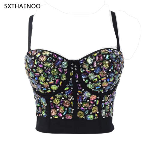 Corsé negro de acrílico para mujer corpiño Sexy con diamantes de colores Top corto Y2k ropa