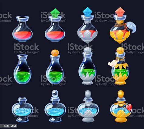 게임 엘릭시르 2d 게임을위한 생활 마나와 힘을위한 플라스크와 피알의 만화 Gui 물약 스프라이트 자산 약한 아이콘 세트에서 가장 강한 아이콘 세트까지 벡터 다채로운 물약