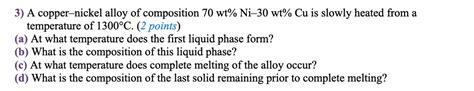 SOLVED A Copper Nickel Alloy Of Composition 70 Wt Ni 30 Wt Cu Is