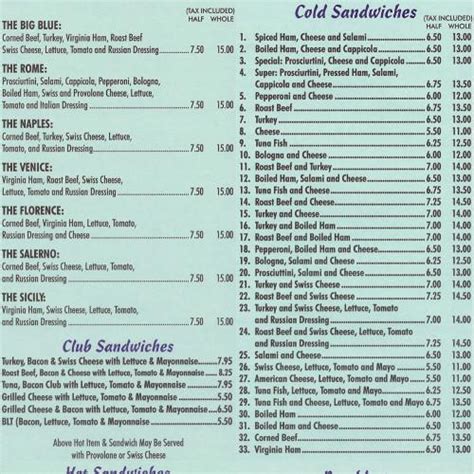 Big Blues Italian Style Sub Menu In Linden New Jersey Usa