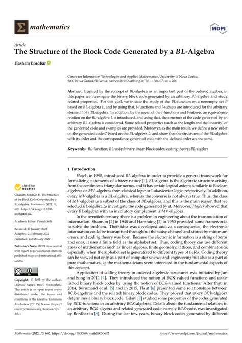 PDF The Structure Of The Block Code Generated By A BL Algebra