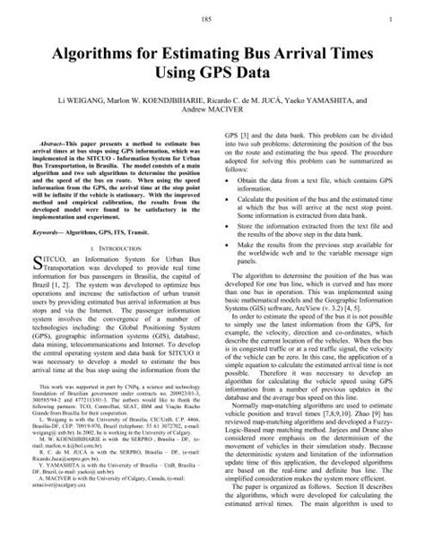 Algorithms For Estimating Bus Arrival Times Using Gps Data