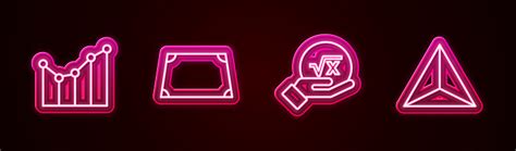 선 그래프 일정 차트 다이어그램 예리한 사다리꼴 모양 X 글리프의 제곱근 및 기하학적 그림 사면체를 설정합니다 빛나는 네온