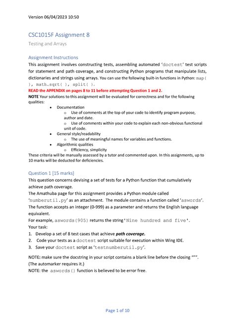 Testing And Arrays Csc F Assignment Testing And Arrays Assignment Instructions This