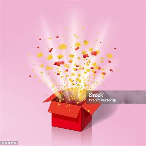 오픈 빨간 선물 상자 그리고 색깔 색종이입니다 밝은 광선 벡터 일러스트입니다 절연 템플릿 Baner 포스터 3차원 형태에 대한