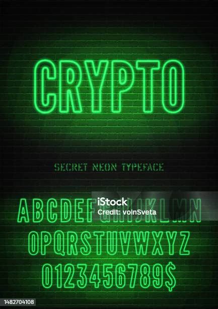 Tanda Kripto Dan Font Berongga Neon Hijau Dengan Angka Pada Latar Belakang Bata Gelap Vektor