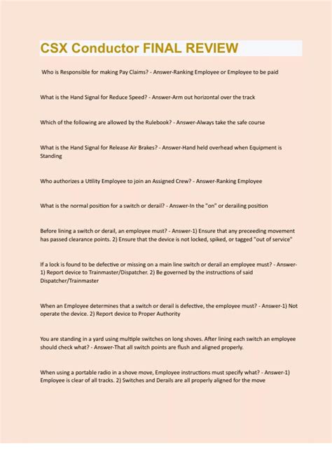 Csx Conductor Final Review Quizzes And Answers Latest 2024 Csx Conductor Stuvia Us