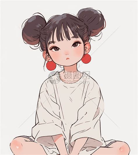 戴着红色圆球耳饰扎丸子头的可爱卡通小女孩插画图片下载 正版图片402559984 摄图网