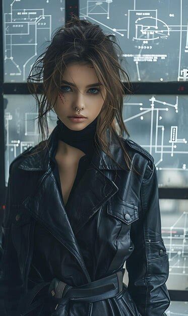 Premium Photo Curvy Female Model With Cyberpunk Leather Trench Coat