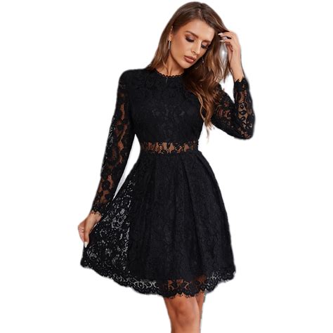 Eilly Bazar Black Lace A Line Dress For Women Long Sleeve Above Knee