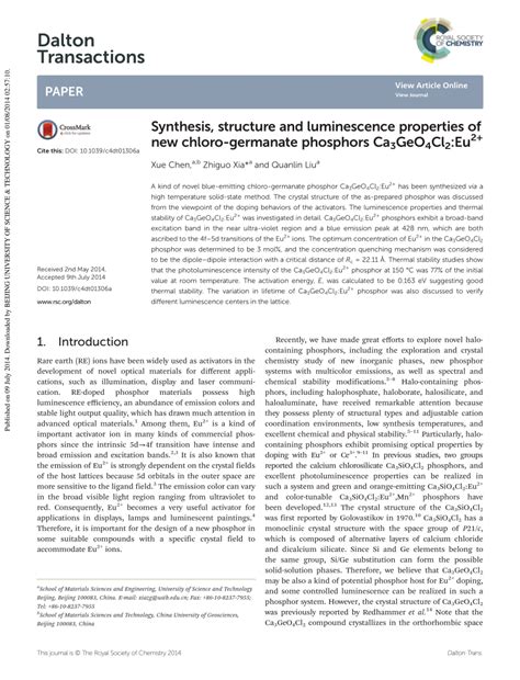Pdf Synthesis Structure And Luminescence Properties Of New Chloro Germanate Phosphors