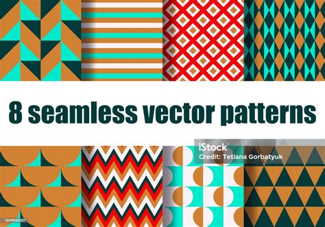 기하학적 스타일의 매끄러운 벡터 패턴 세트입니다 인쇄 섬유 포스터 인사말 및 명함 배너 엽서 아이콘 템플릿 및 기타 그래픽 디자인에 사용합니다 기하 도형에 대한 스톡 벡터