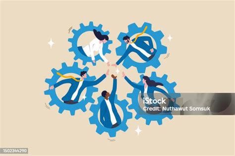 함께 일하는 팀 팀워크 성공을 위한 조직 또는 직원 협업 커뮤니티 또는 회의 계약 협력 개념 사업가 여성 기어 톱니바퀴에 있는