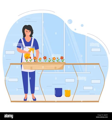 Vector Illustration Girl Takes Care Of Houseplants Woman Sprays Water