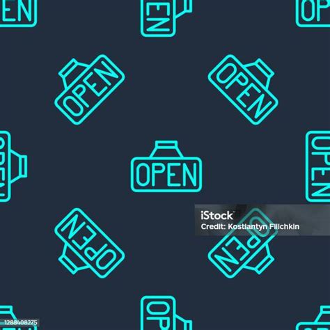 파란색 배경에 텍스트 오픈 도어 아이콘이 있는 녹색 선 매달려 기호가 분리되어 있는 매끄러운 패턴입니다 벡터 개념에 대한 스톡