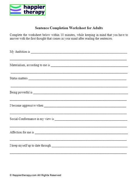 Sentence Completion Worksheet For Adults Happiertherapy