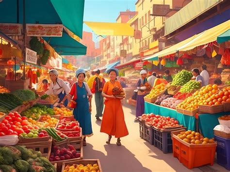 Premium Photo Bustling Market Scene With Vibrant Stalls Colorful