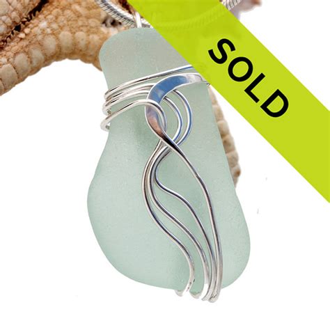 Irregular Shaped Seafoam Sea Glass In Sterling Waves© Setting Pendant