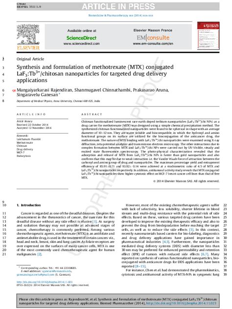 Pdf Synthesis And Formulation Of Methotrexate Mtx Conjugated Laf3 Tb3 Chitosan