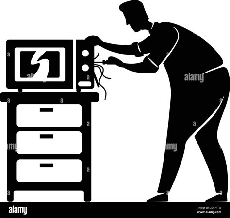 Man Fixed Microwave Black Silhouette Vector Illustration Stock Vector