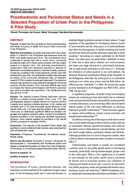 Pdf Prosthodontic And Periodontal Status And Needs In A Selected Population Of Urban Poor In