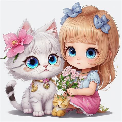 Premium Ai Image Cute Cartoon Cat And Girl Holding A Flower