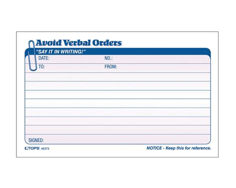 Tops Avoid Verbal Orders Book 2 Part Carbonless 50 Stbk