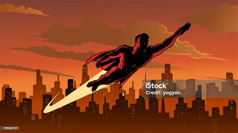 벡터 나는 Superhero 실루엣 와 도시 지평선 Bakcground 스톡 일러스트 건축물에 대한 스톡 벡터 아트 및 기타