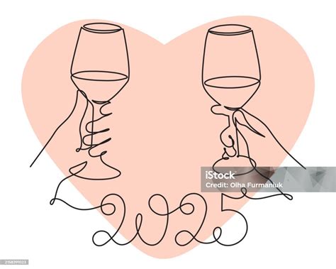Hand Holds Wine Clinking Glass Celebrating 2025 New Year One Line Art