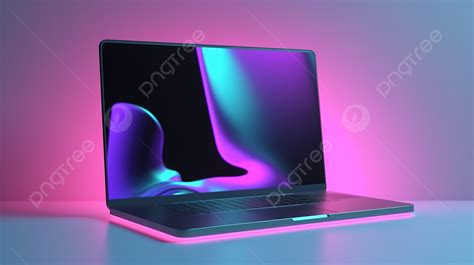빛나는 네온 불빛이 있는 컴퓨터 노트북 3d 그림 렌더링 개체 블루 핑크 빛 색상 배경에서 노트북 컴퓨터 은색과 검은 색 빈 화면 고화질 사진 사진 배경 일러스트 및