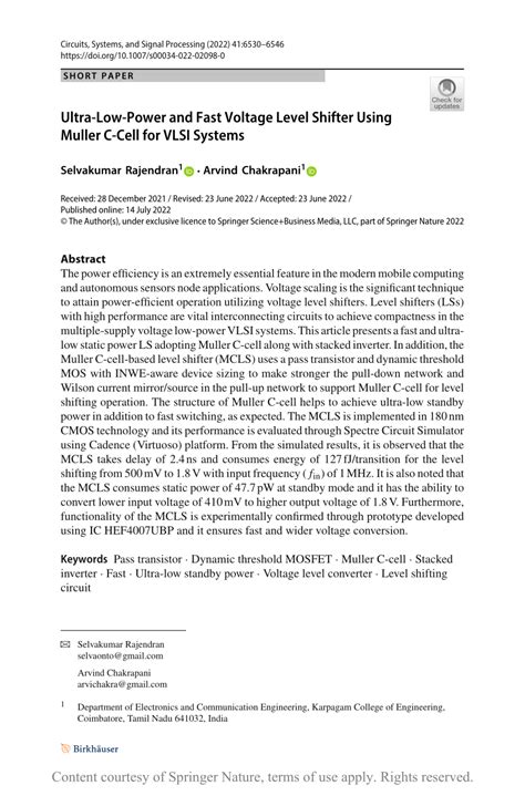 Ultra-Low-Power and Fast Voltage Level Shifter Using Muller C-Cell for VLSI Systems | Request PDF