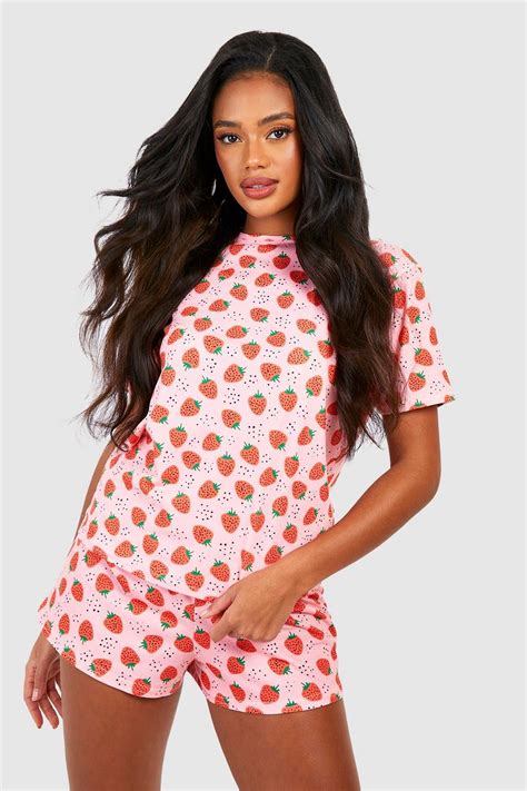 Strawberry Print Pyjama Shorts Set Boohoo Uk