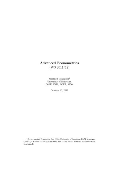 Adv Econometrics Advanced Econometrics Ws 201112 Winfried Pohlmeier 1 University Of