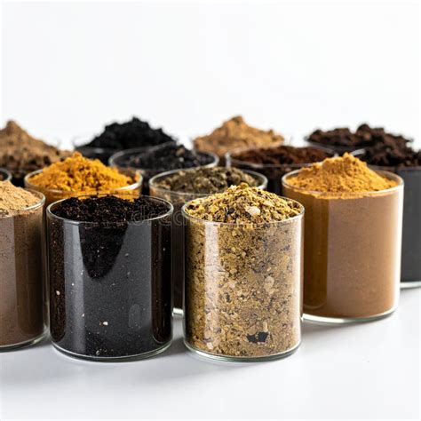 Diverse Soil Samples In Clear Glass Containers On White Stock