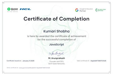 javascript completion certificate by guvi kumari shobha