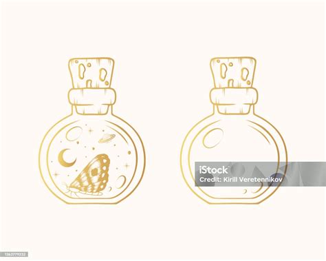 달 나비 별이 있는 천상의 항아리 흰색으로 고립된 황금 영적 디자인 요소 마술에 대한 벡터 라인 아트 항목 작은 병에 대한 스톡