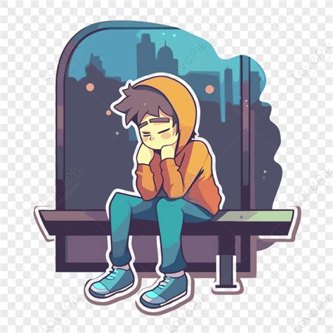 밤에 벤치에 앉아 외로운 소년의 스티커 일러스트 벡터상표만화