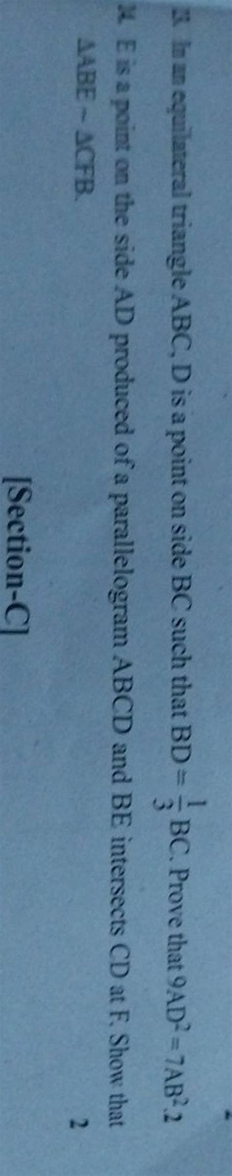 In An Equilateral Triangle Abc D Is A Point On Side Bc Such That Bd 31 Bc