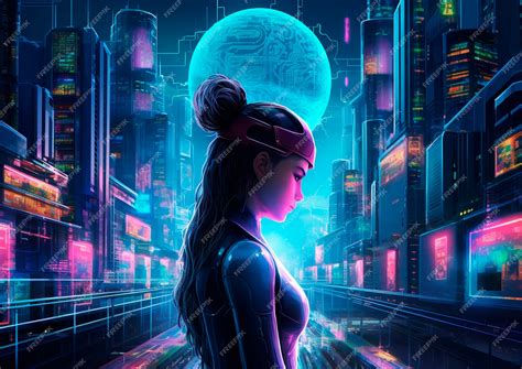 ネオンカラーと未来的なテクノロジーを使ったサイバーパンクイラスト Ai生成画像