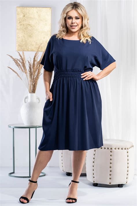 Sukienka Elegancka Marszczona W Tali EMILY Granatowa Sklep Internetowy Plus Size
