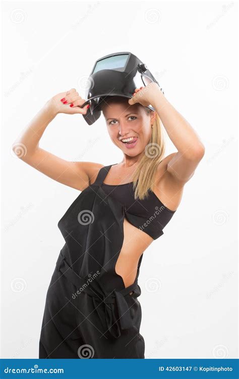 Smiling Woman In Welder Helmet Stock Image Image Of Industry Repair