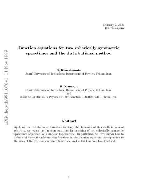 Pdf Junction Equations For Two Spherically Symmetric Spacetimes And The Distributional Method