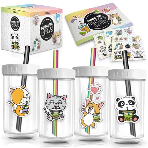Buy 4 Pack Reusable Bubble Tea Cup Set 22oz Glass Boba Tea Cups With