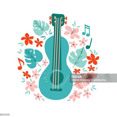 기타 플랫 핸드 그린 벡터 일러스트레이션입니다 악기 는 포스터 디자인 아이디어를 저장합니다 꽃 흰색 배경에 고립 된 야자수 잎 만화 기타 록 밴드 성능 배너 템플릿 고전