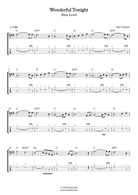 Wonderful Tonight Easy Level Eric Clapton Bass Tabs