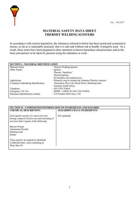 Material Safety Datat Sheet Ignitors 1 Pdf