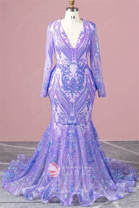 Iridescent Purple Sequin Long Sleeve Mermaid Prom Dress Lunss
