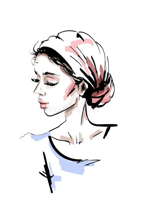 Hand Drawn Beautiful Young Woman With Long Hair Stylish Elegant Girl