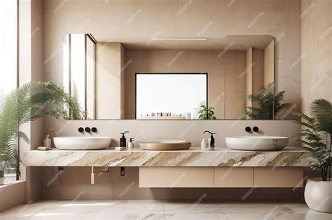베이지색 벽 대리석 세면대 이중 거울 욕조 및 콘크리트를 갖춘 현대적인 욕실 인테리어 프리미엄 사진