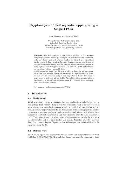 pdf cryptanalysis of keeloq code hopping using a single fpgaand